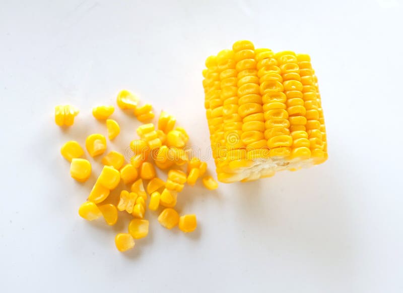 Flat Lay Yellow Sweet Ripe Corn and Kernels on White Background Stock ...