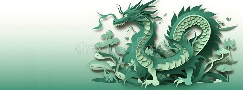 Flat Laying Green Paper Dragon on White and Green Background with Copy ...