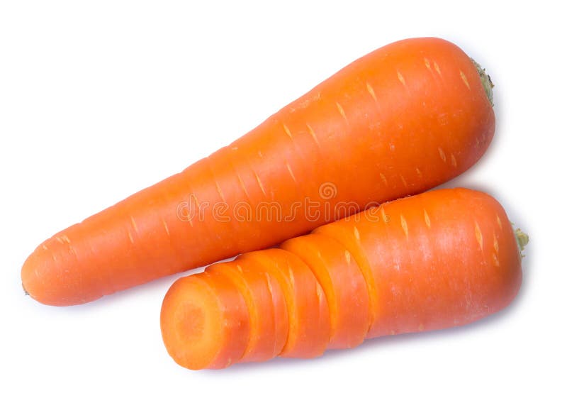 Flat Laying of Two Fresh Orange Carrots with Slices Isolated on White ...
