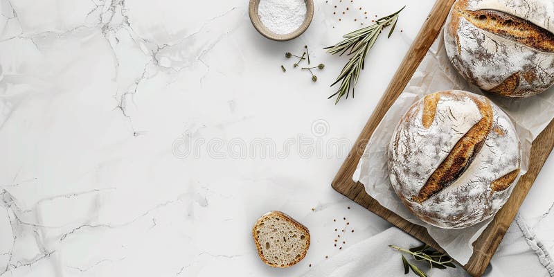 Flat Layout. Freshly Baked Bread on a White Background, Top View. Space ...