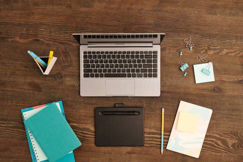 Flat Layout of Graphic Tablet with Stylus, Laptop, Notebooks and ...