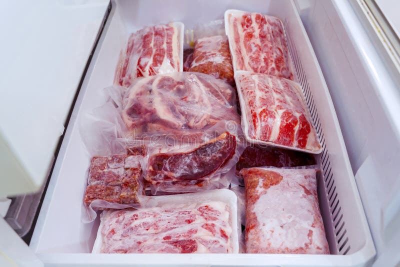 Flat Layout of Red Meat Package Piles Inside a Box Stock Photo - Image ...