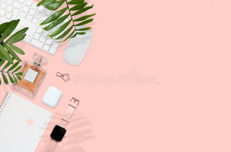 Flat Layout of Women Workplace on Pink Background Stock Photo - Image ...