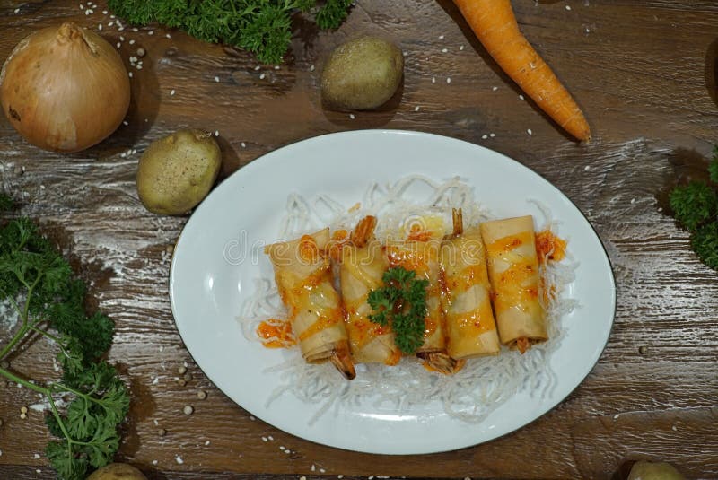 Flat Lays Deep Prawn Fried Spring Rolls Stock Photo - Image of ...