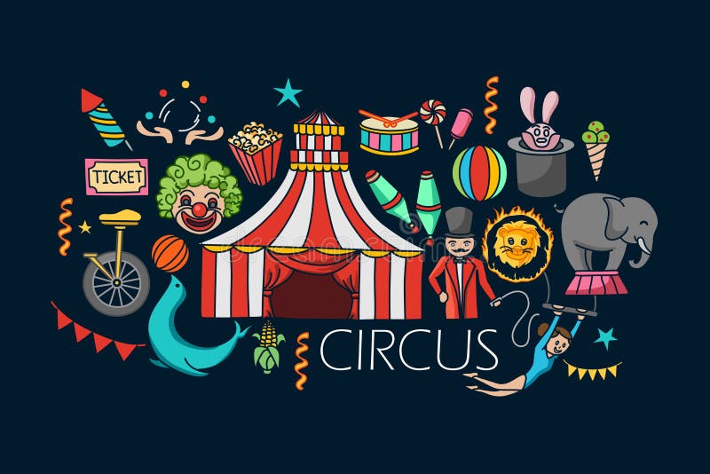 Flat Line Art Design of Circus Concept Stock Vector - Illustration of ...