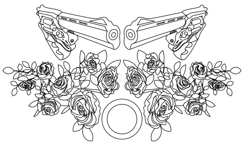 Line Art of Two Revolvers and Roses Stock Vector - Illustration of ...