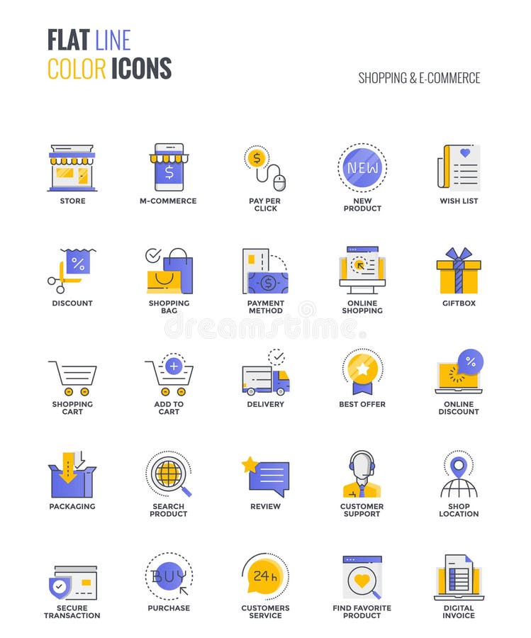 Flat Line Multicolor Icons Design-Shopping and E Commerce Stock Vector ...