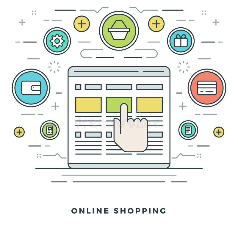 Flat Line Online Shopping and E-Commerce. Vector Illustration Stock ...