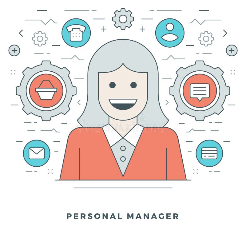 Flat Line Personal Manager and Support. Vector Illustration Stock ...