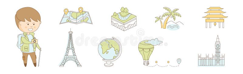Flat Line Travel Icon and Object Vector Set Stock Vector - Illustration ...