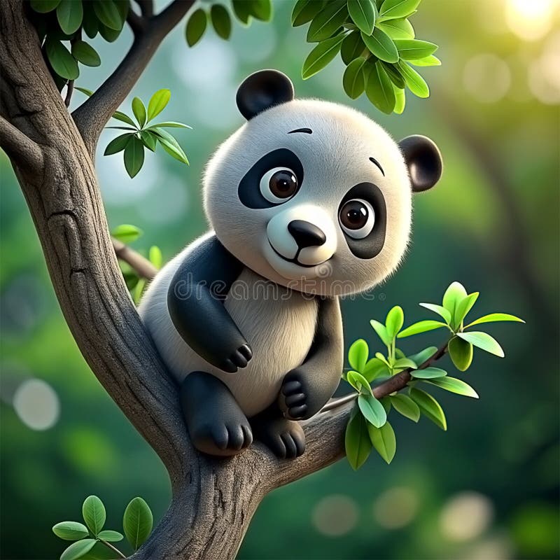 Flat Logo of Cute Panda Cartoon on a Tree 3d Rendering Stock ...