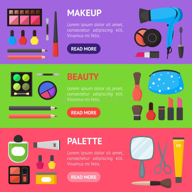 Flat Make Up Tools Cosmetics, Mascara and Brushe Banner Horizontal Set ...