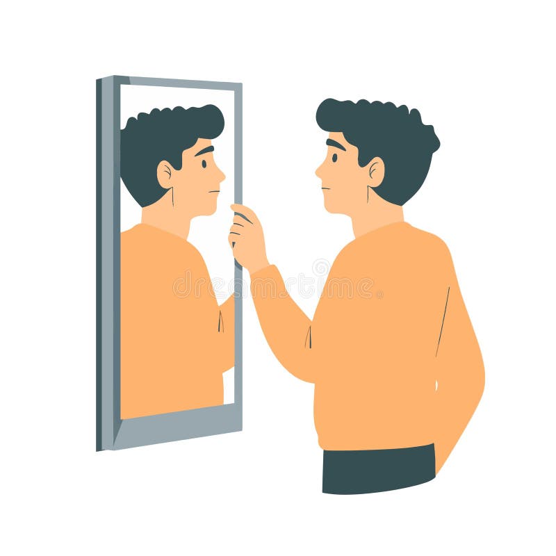 Flat Man Looking into a Mirror Thinking Deeply Vector Stock ...