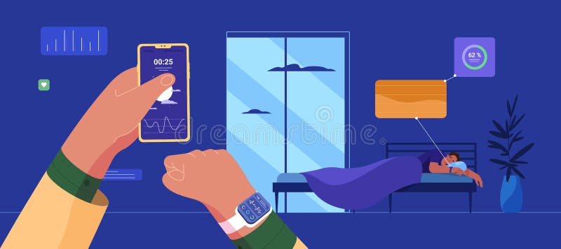 Flat Man Sleeping in Bed with Smartwatch for Sleep Tracker Stock Vector ...