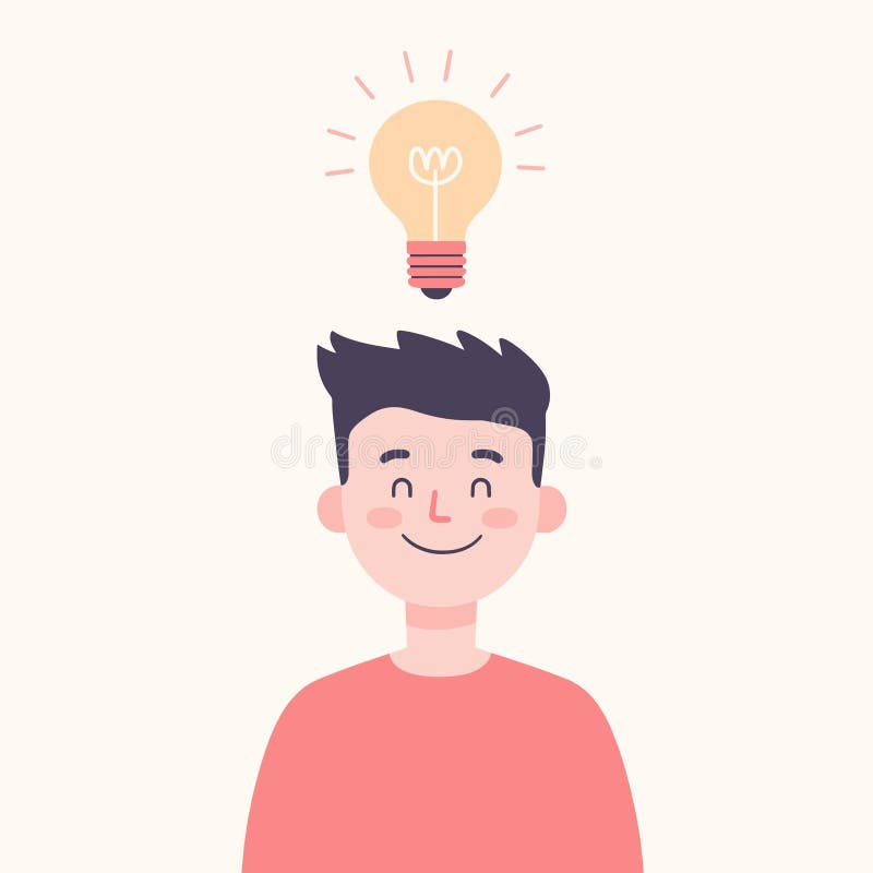 Flat Man Smiling with Light Bulb Above His Head Vector Stock ...