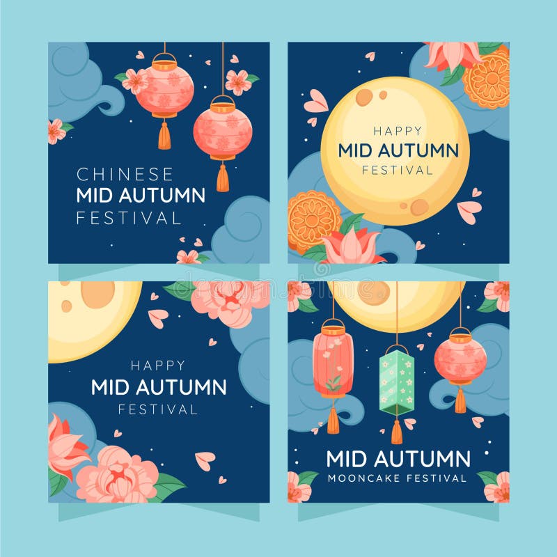 Flat Mid Autumn Square Cards Collection Stock Illustration ...