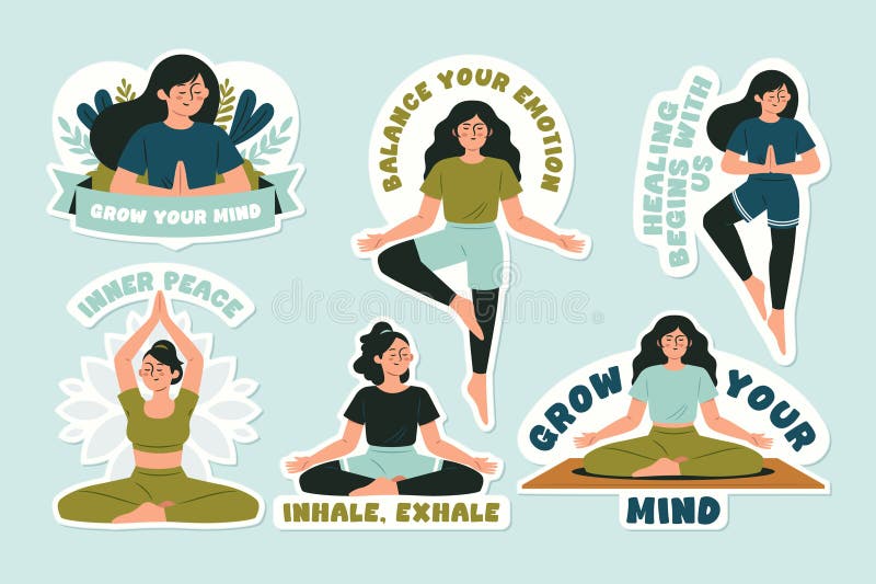 Flat Mindfullness Wellness Yoga Sticker Collection Stock Vector ...