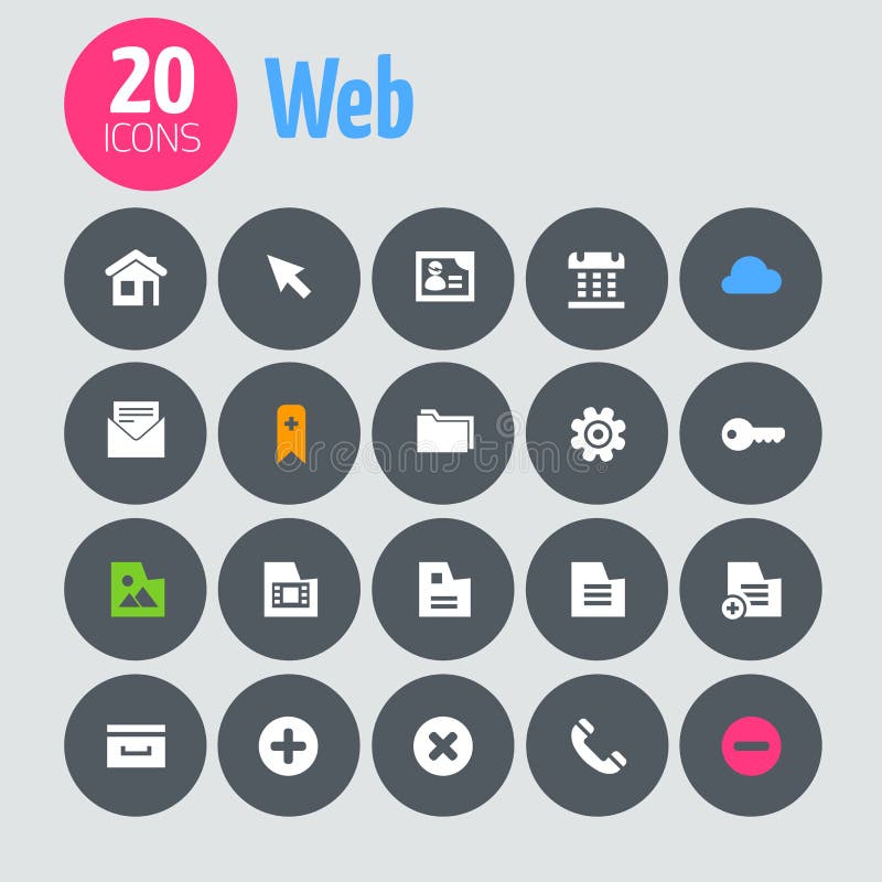 Flat Minimalistic Web Icons on Dark Gray Circles Stock Vector ...