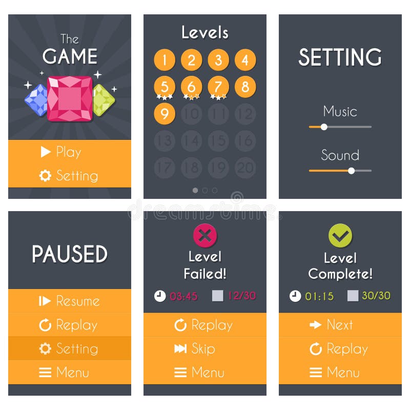 Flat Mobile Game Screens Set Stock Vector - Illustration of indie ...