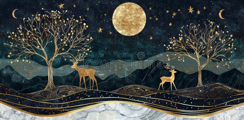 A Flat Modern Background, 3D Mural Wallpaper with Golden Trees, Blue ...