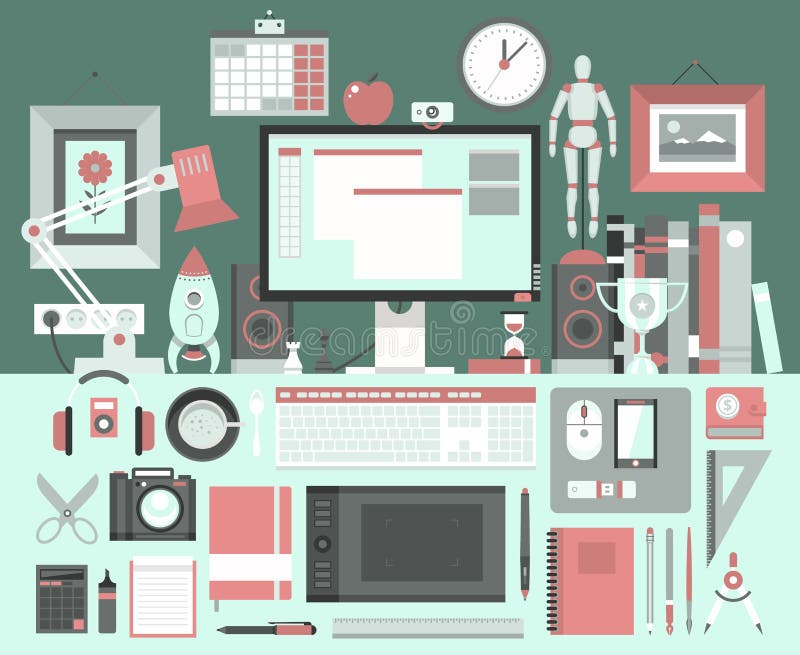 Flat Modern Design Illustration Concept of Creative Office Workspace ...