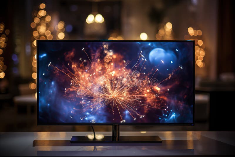 A Flat Modern TV Screen, Computer with a Fashionable Screensaver Stands ...