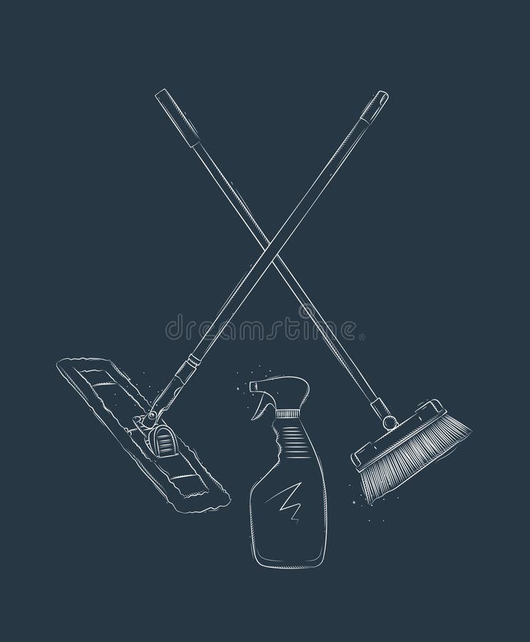 Flat Mop, Broom and Glass Cleaner Composition Blue Stock Vector ...