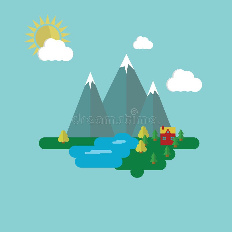 Flat Mountain Landscape. Mountains and Forest. Tourism and Travelling ...