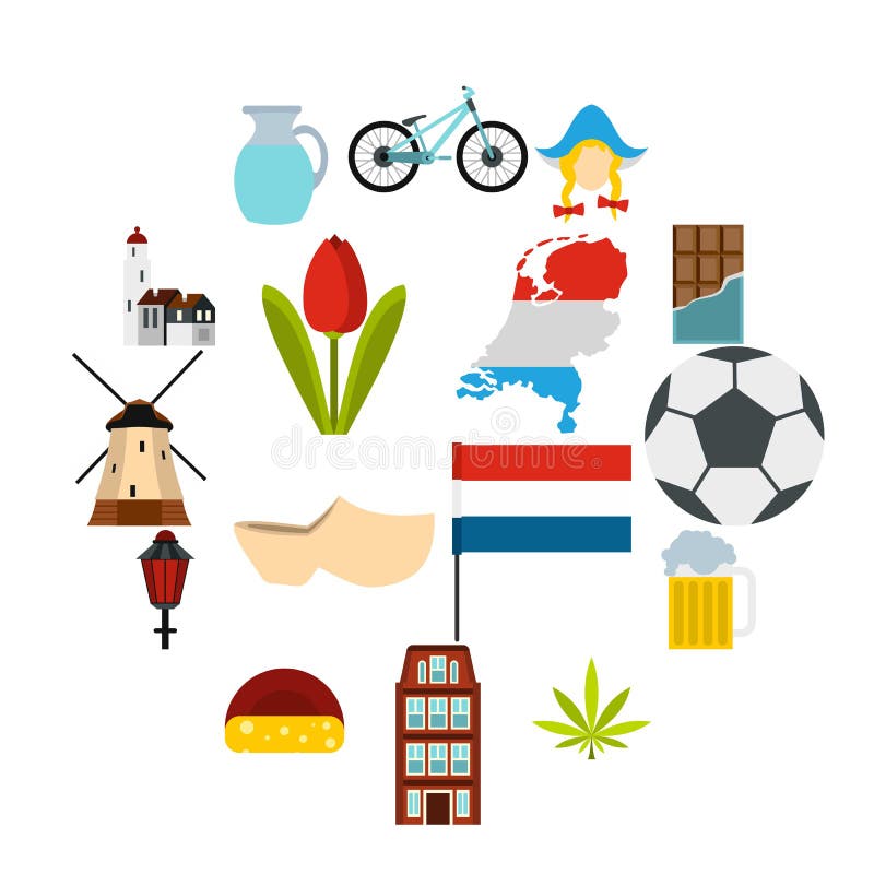 Netherlands Icons Set, Flat Style Stock Vector - Illustration of ...