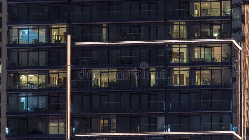 Flat Night Panorama of Multicolor Light in Windows of Multistory ...