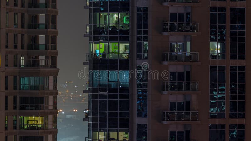 Flat Night Panorama of Multicolor Light in Windows of Multistory ...