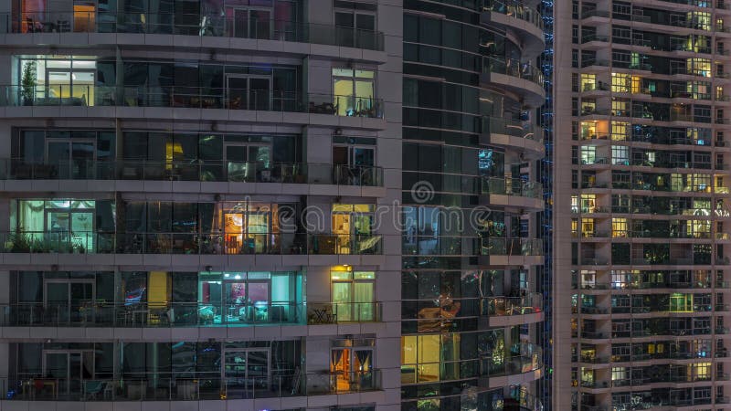 Flat Night Panorama of Multicolor Light in Windows of Multistory ...