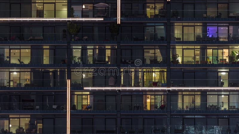 Flat Night Panorama of Multicolor Light in Windows of Multistory ...