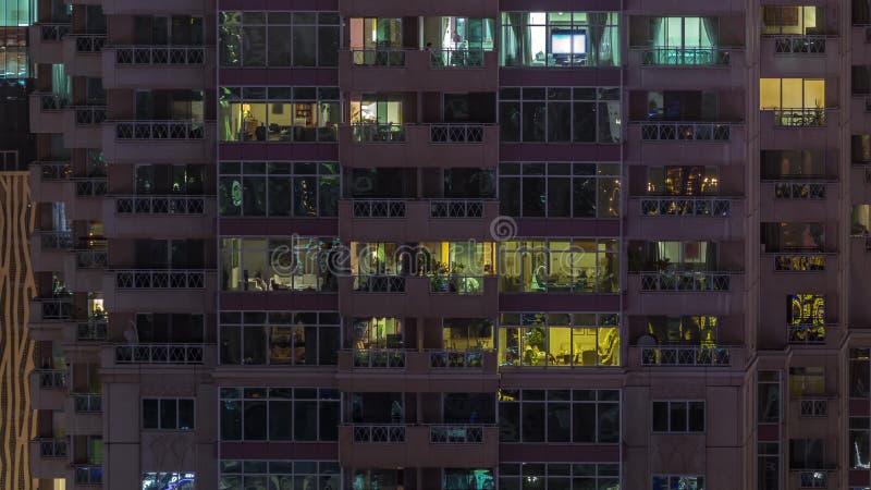Flat Night Panorama of Multicolor Light in Windows of Multistory ...