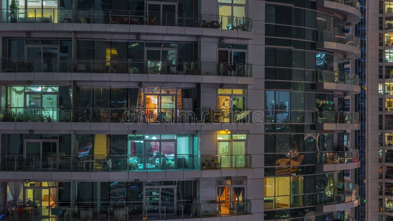 Flat Night Panorama of Multicolor Light in Windows of Multistory ...