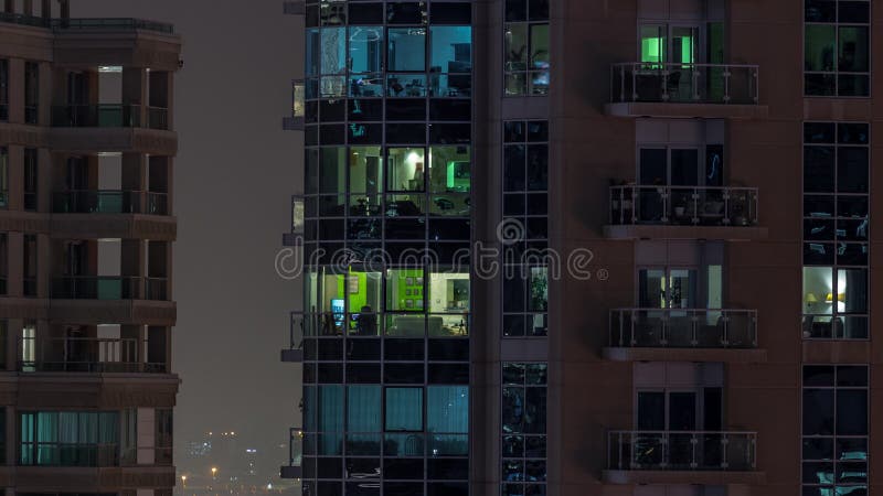 Flat Night Panorama of Multicolor Light in Windows of Multistory ...