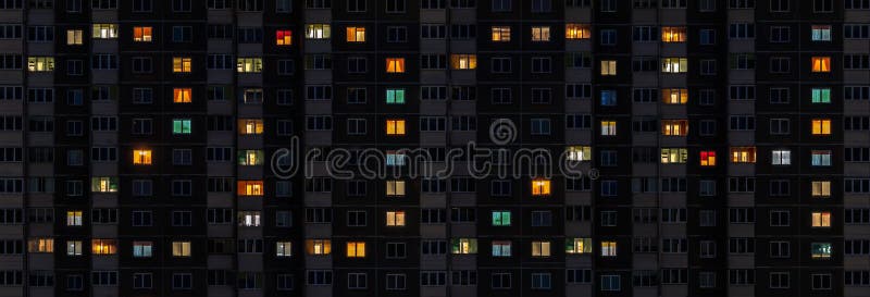 Flat Night Panorama of Multicolor Light in Windows of Multistory ...