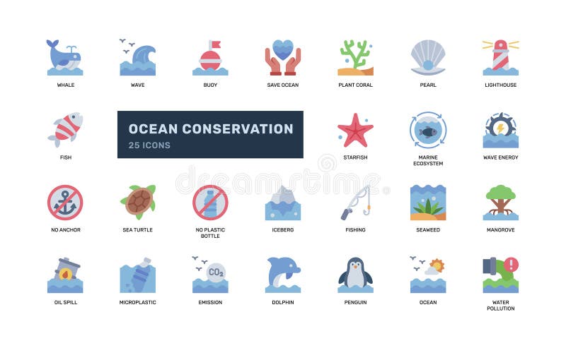 Flat Ocean Conservation Icon Set for Marine and Environmental Use Stock ...