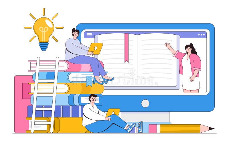 Flat Online Education or Business Training with Pile of Books and ...