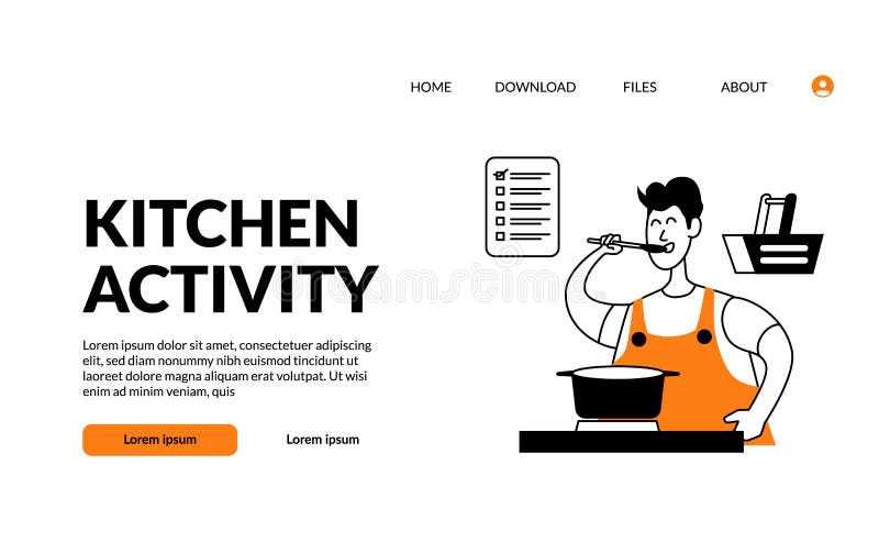 Flat Outline Modern Illustration Kitchen Activity Man Cooking and Taste ...