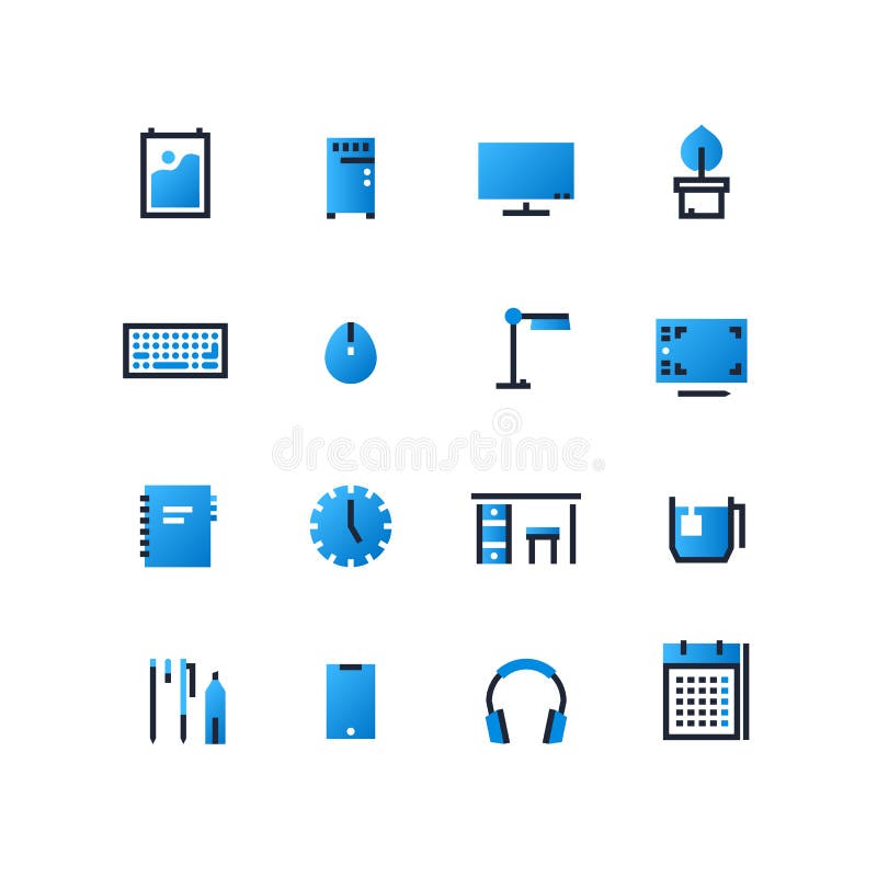 Flat Outline Vector Set of Workstation Elements. Desktop Icons Set ...