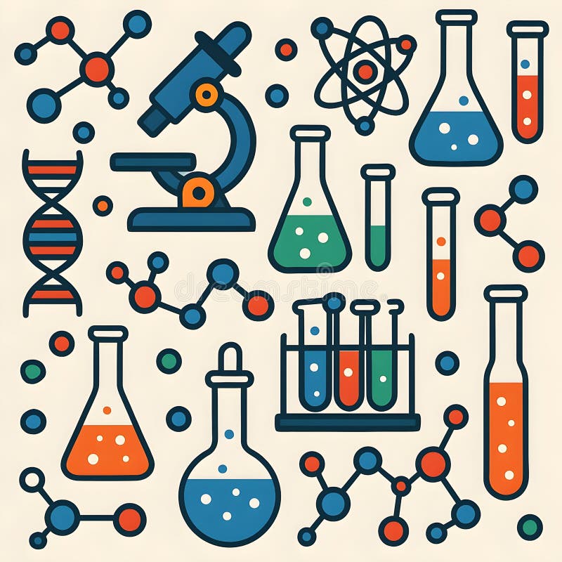 Flat Pattern of Science Lab Icons Microscope, Flasks, Test Tubes, DNA ...