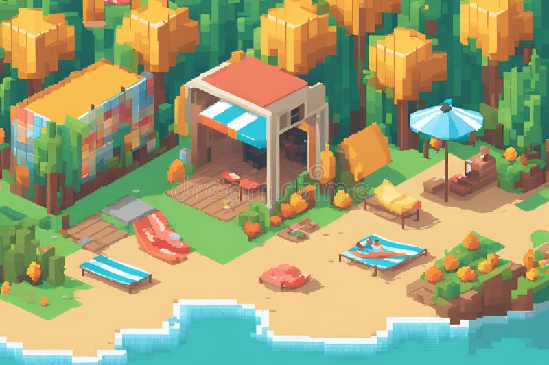 Flat Pixel Art Summer Scene Stock Illustration - Illustration of ...