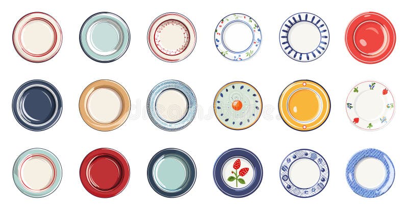 Flat Plates with Decorative Patterns. Isolated Vector Set on White ...