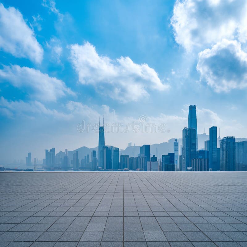 Flat Platform with Square Tiles Overlooking City Skyline, Blue Sky ...