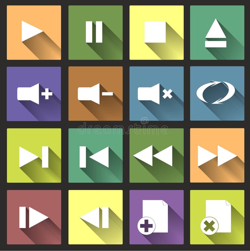 Flat Player Icons with Long Shadow Set Stock Vector - Illustration of ...