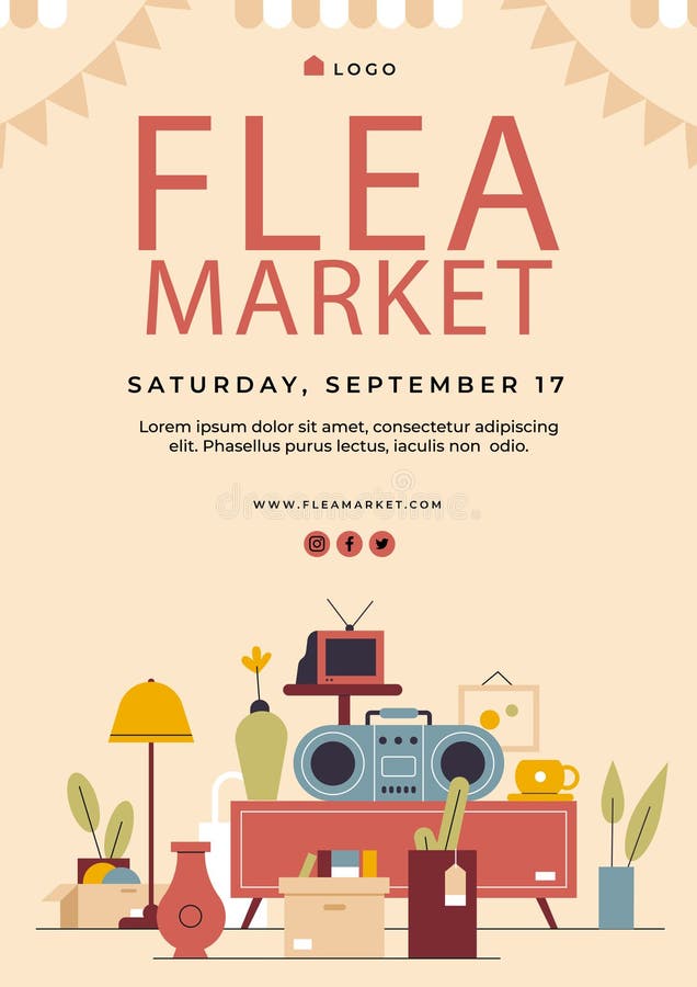 Flat Poster Template for Second Hand Flea Market Event Vector ...