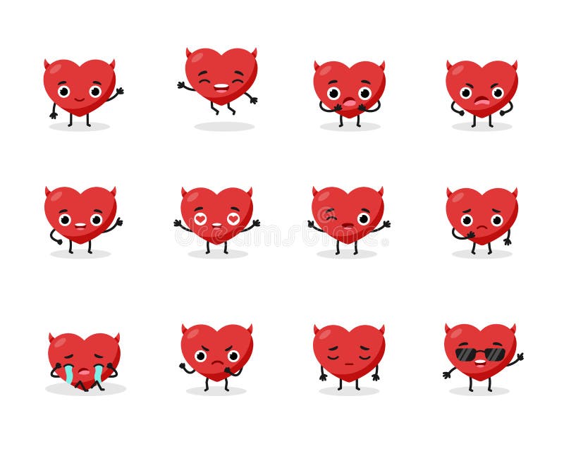 Flat Red Collection Emotions Evil Heart Head Face with Horns. Stock ...