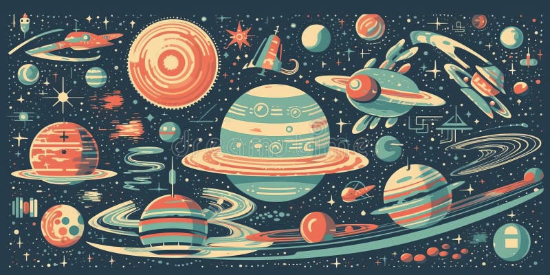 Flat Retro Style Illustration of Outer Space. Space Background with ...