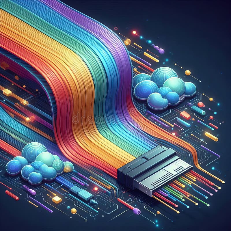 Flat Ribbon Cable with Spectrum Colored Signals Flowing Simultan Stock ...